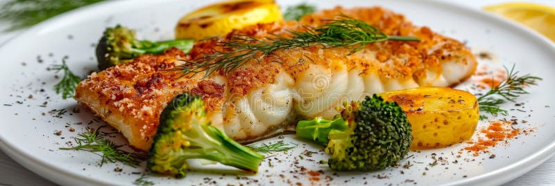 Fried Sea Cod Fillet with Baked Vegetables on White Restaurant Plate ...