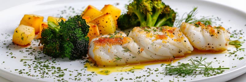 Fried Sea Cod Fillet with Baked Vegetables on White Restaurant Plate ...
