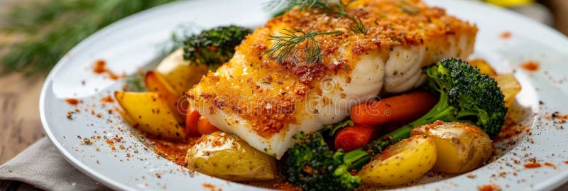 Fried Sea Cod Fillet with Baked Vegetables on White Restaurant Plate ...