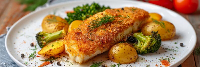 Fried Sea Cod Fillet with Baked Vegetables on White Restaurant Plate ...