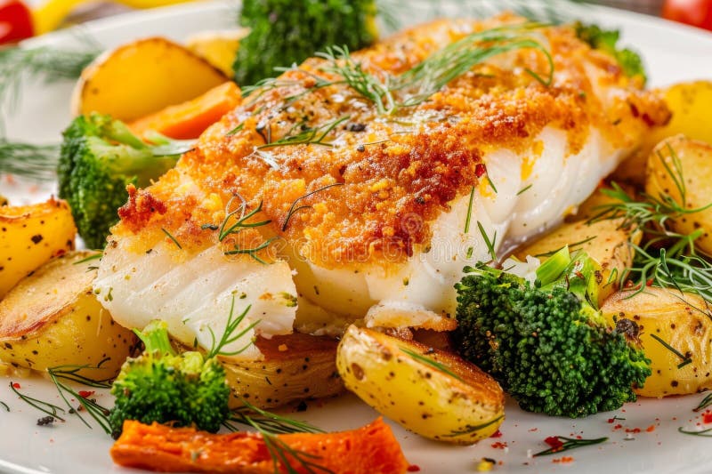 Fried Sea Cod Fillet with Baked Vegetables on White Restaurant Plate ...