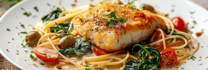 Fried Sea Cod Fillet with Spaghetti on White Restaurant Plate, Breaded ...