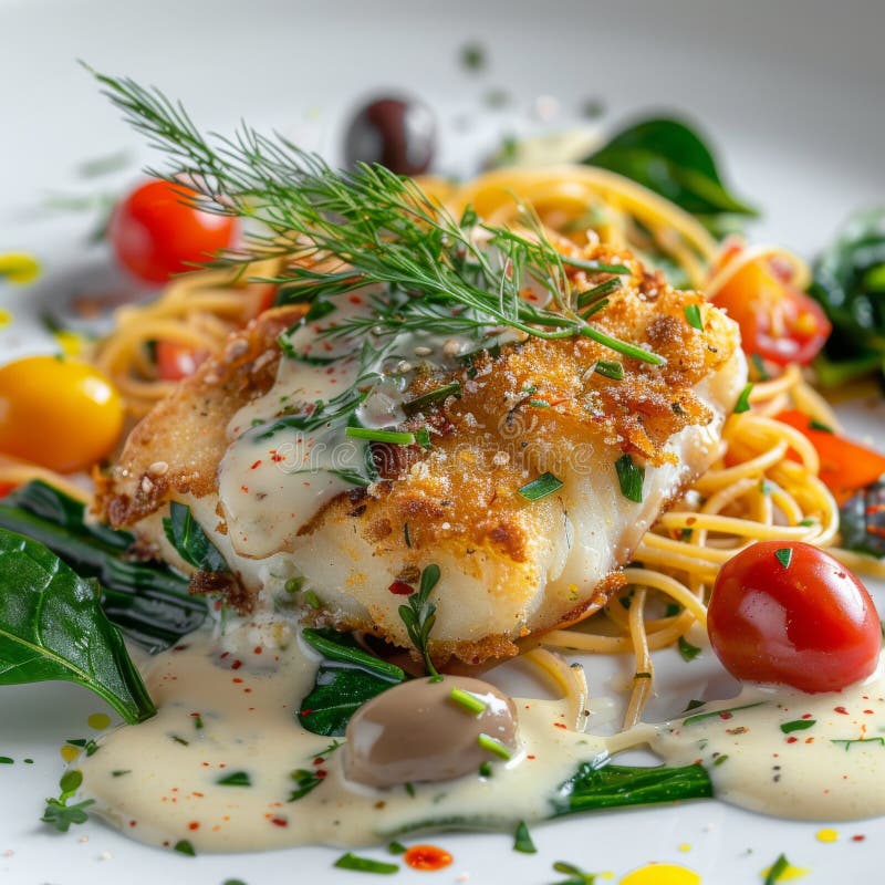 Fried Sea Cod Fillet with Spaghetti on White Restaurant Plate, Breaded ...