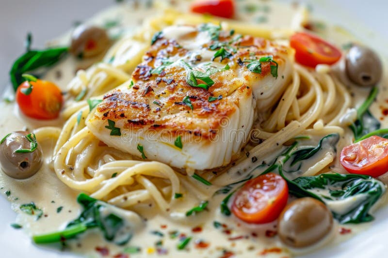 Fried Sea Cod Fillet with Spaghetti on White Restaurant Plate, Breaded ...