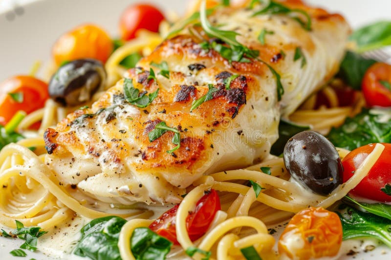 Fried Sea Cod Fillet with Spaghetti on White Restaurant Plate, Breaded ...