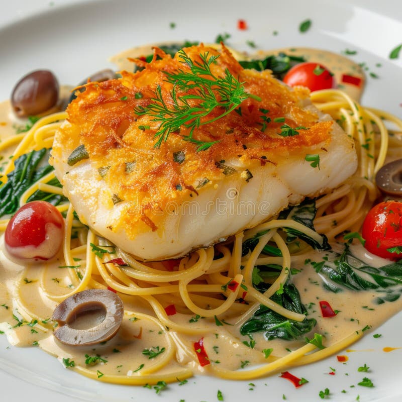 Fried Sea Cod Fillet with Spaghetti on White Restaurant Plate, Breaded ...