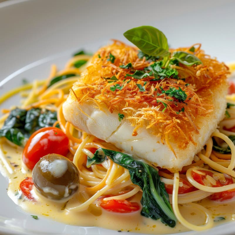 Fried Sea Cod Fillet with Spaghetti on White Restaurant Plate, Breaded ...