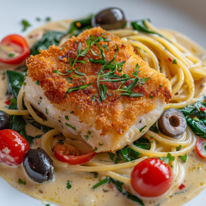 Fried Sea Cod Fillet with Spaghetti on White Restaurant Plate, Breaded ...