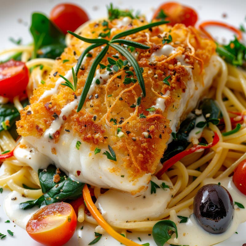 Fried Sea Cod Fillet with Spaghetti on White Restaurant Plate, Breaded ...
