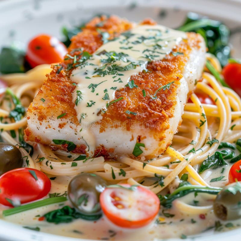 Fried Sea Cod Fillet with Spaghetti on White Restaurant Plate, Breaded ...