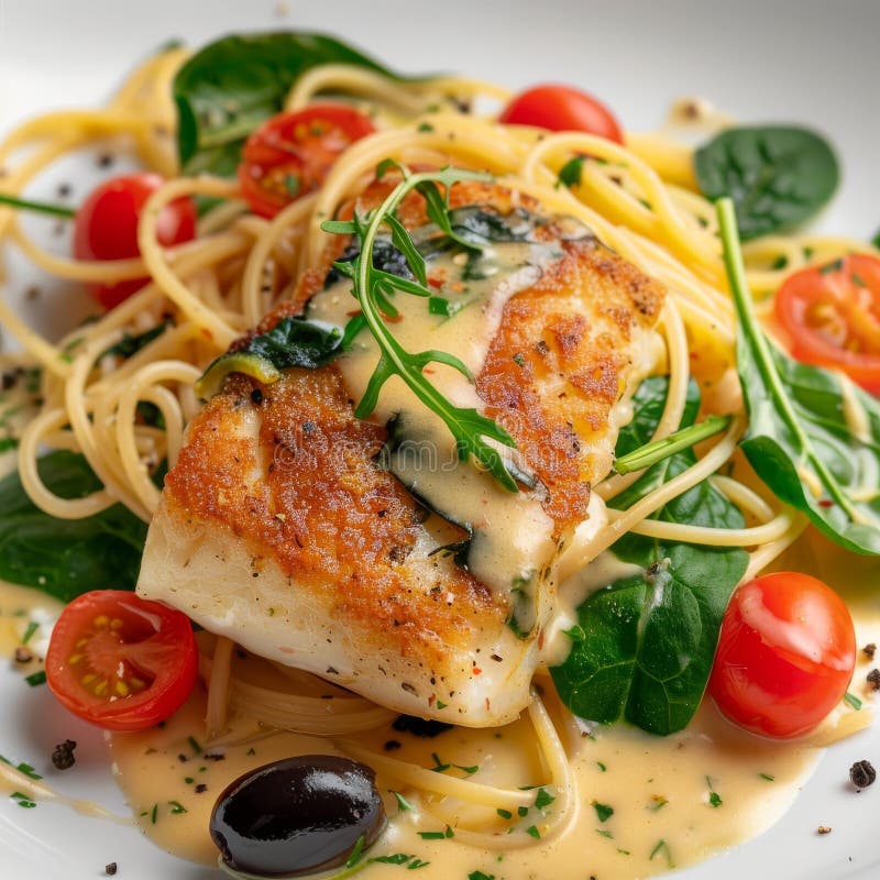 Fried Sea Cod Fillet with Spaghetti on White Restaurant Plate, Breaded ...