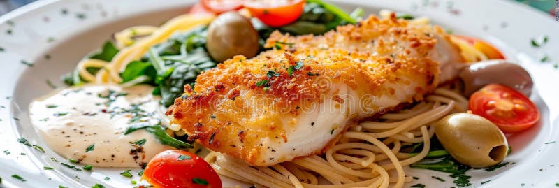 Fried Sea Cod Fillet with Spaghetti on White Restaurant Plate, Breaded ...