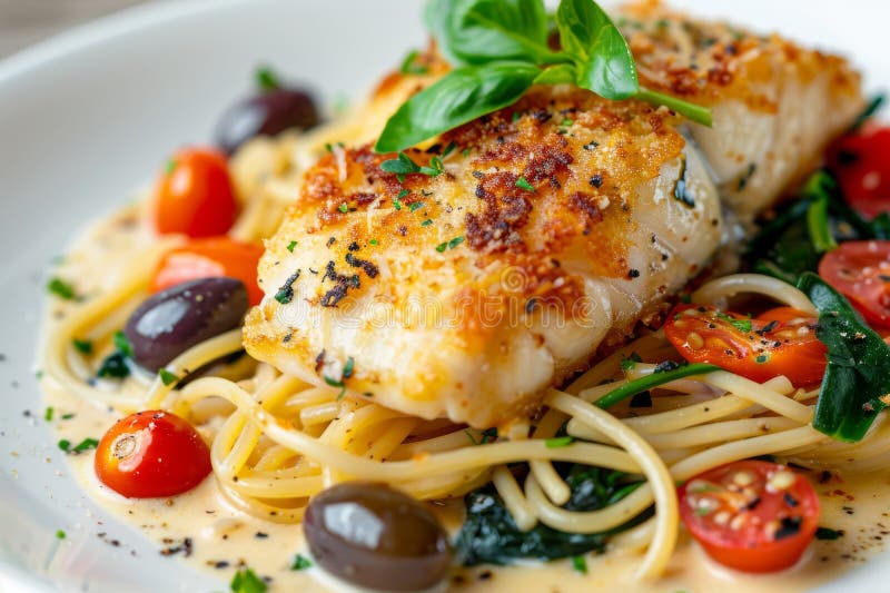 Fried Sea Cod Fillet with Spaghetti on White Restaurant Plate, Breaded ...