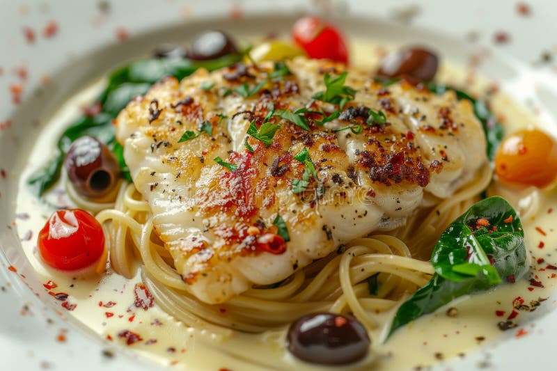 Fried Sea Cod Fillet with Spaghetti on White Restaurant Plate, Breaded ...