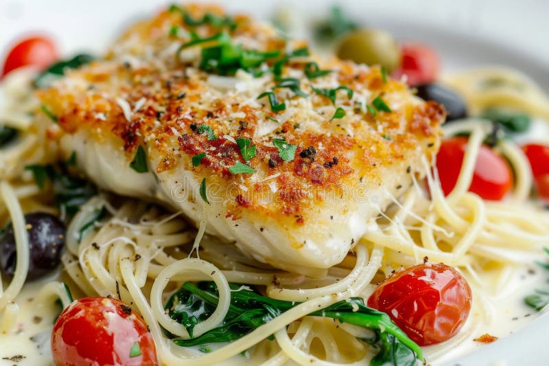 Fried Sea Cod Fillet with Spaghetti on White Restaurant Plate, Breaded ...