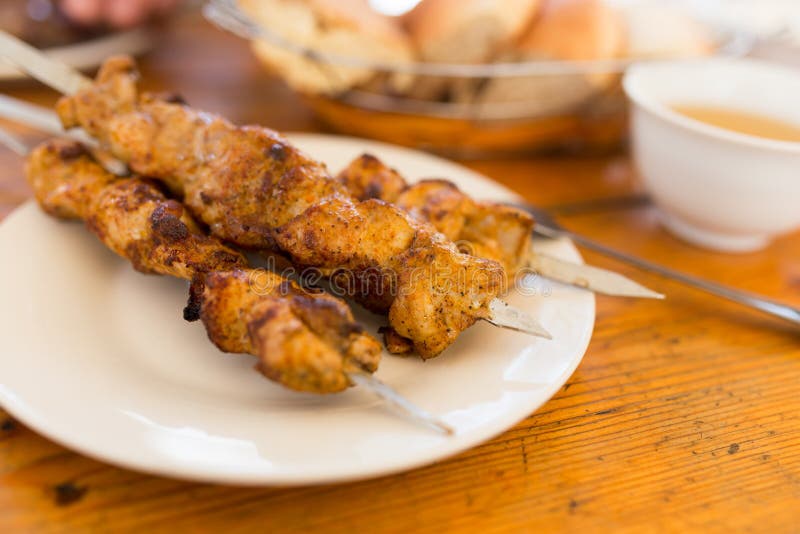 Fried Shish Kebab on Sticks in a Cafe Stock Photo - Image of lunch ...