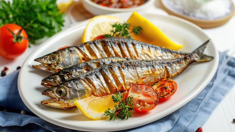 Fried Short Mackerel Fish on White Dish. Generative Ai Stock ...