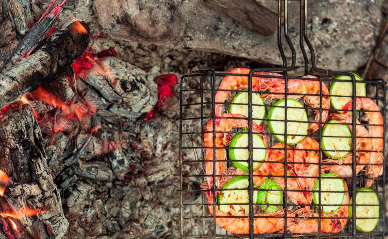 Cooking Shrimps with Vegetables in Nature. Stock Image - Image of ...