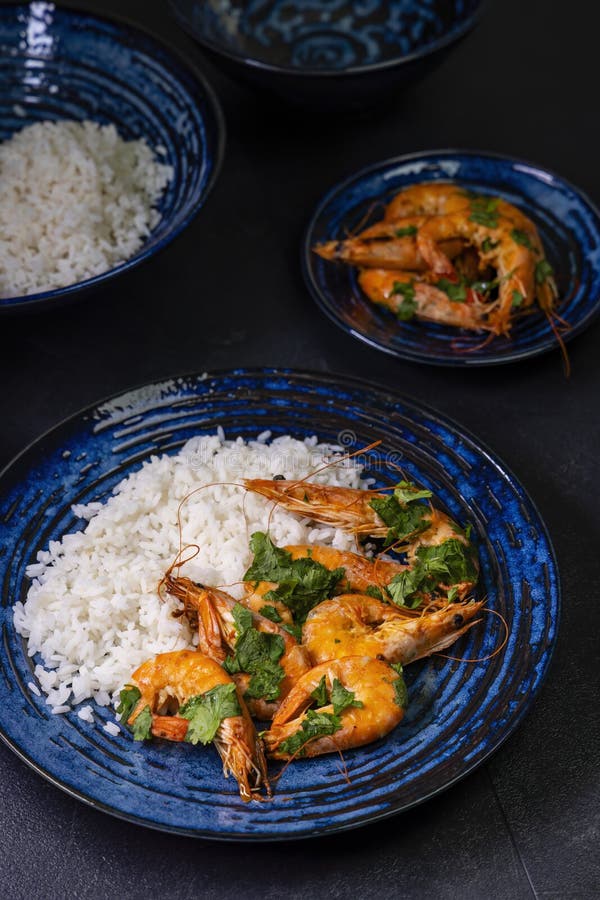 Fried Shrimp with Plain Rice on Plate Stock Photo - Image of plate ...