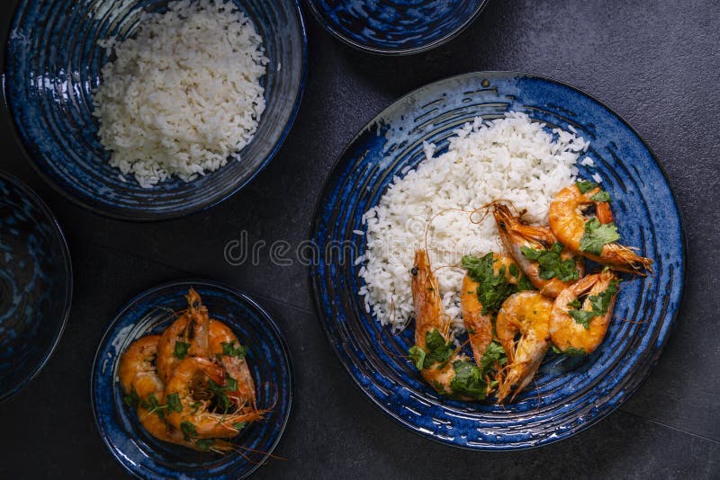 Fried Shrimp with Plain Rice on Plate Stock Photo - Image of food ...