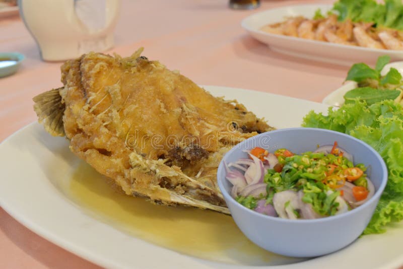 Fried Snapper with Sweet Fish Sauce on the Plate Stock Image - Image of ...