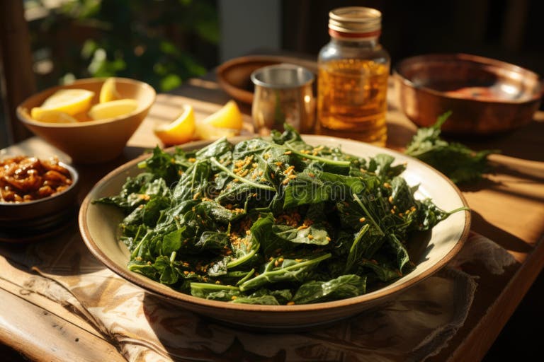 Fried Spinach and Soy Sauce on T Stock Illustration - Illustration of ...