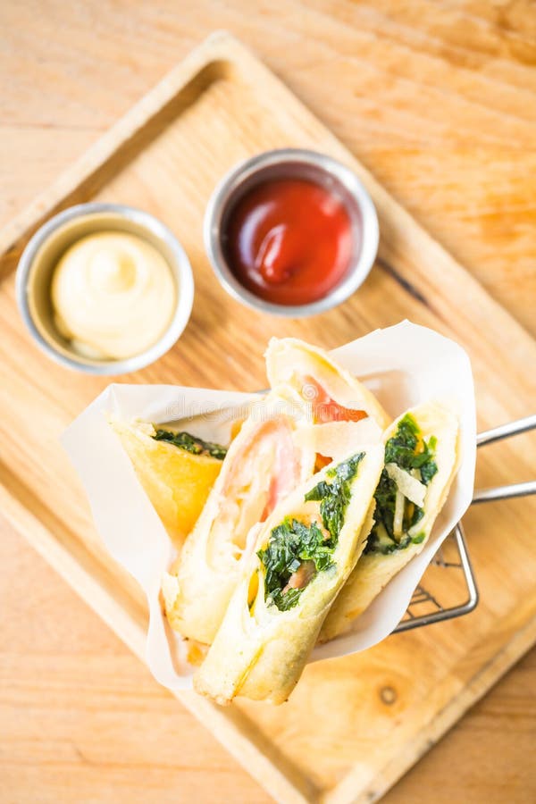 Fried Spring Roll with Ham Cheese and Spinach Vegetable Stock Image ...