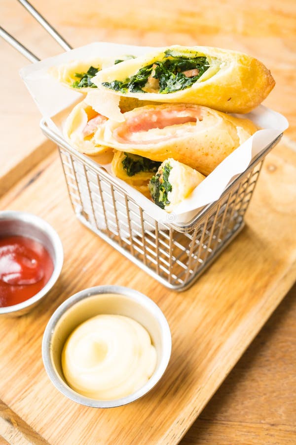 Fried Spring Roll with Ham Cheese and Spinach Vegetable Stock Image ...