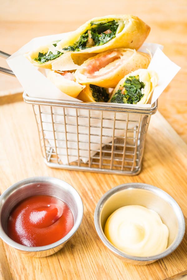 Fried Spring Roll with Ham Cheese and Spinach Vegetable Stock Image ...