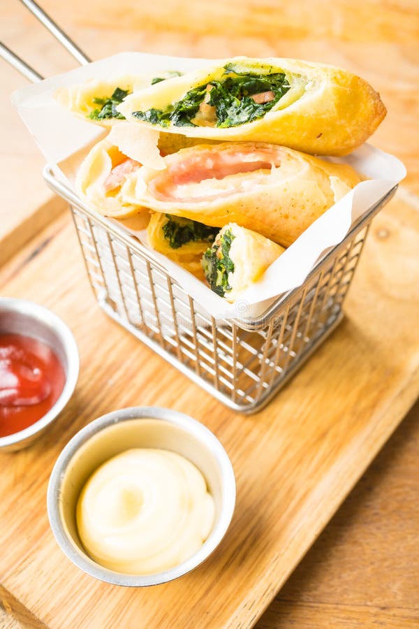Fried Spring Roll with Ham Cheese and Spinach Vegetable Stock Image ...