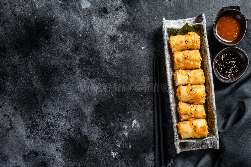 Fried Spring Rolls. Black Background. Traditional Chinese Cuisine. Top ...