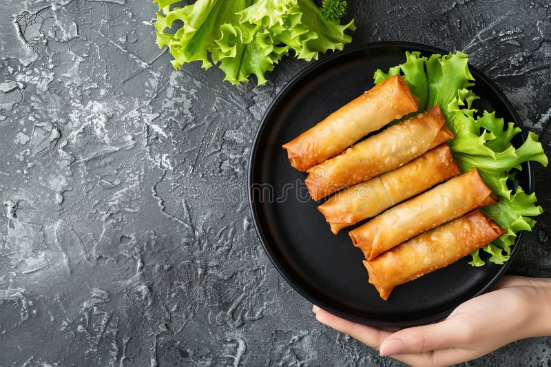 Fried Spring Rolls on a Black Plate with Various Spices and Herbs on a ...