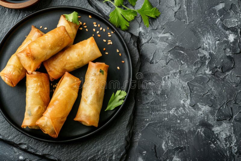 Fried Spring Rolls on a Black Plate with Various Spices and Herbs on a ...