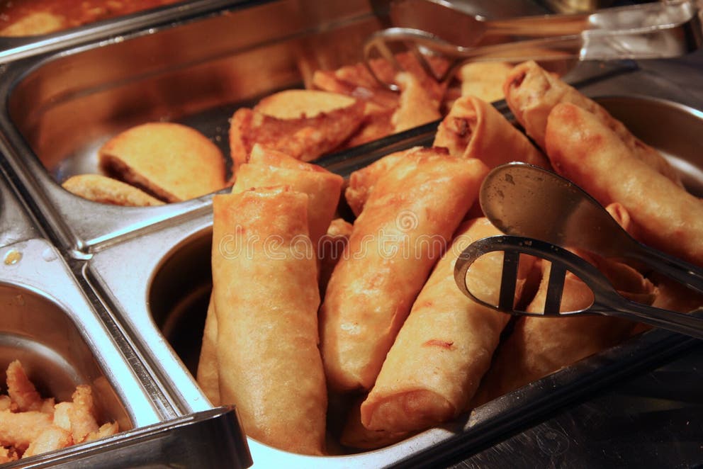 Fried Spring Rolls in Chinese Buffet Restaurant Stock Photo - Image of ...