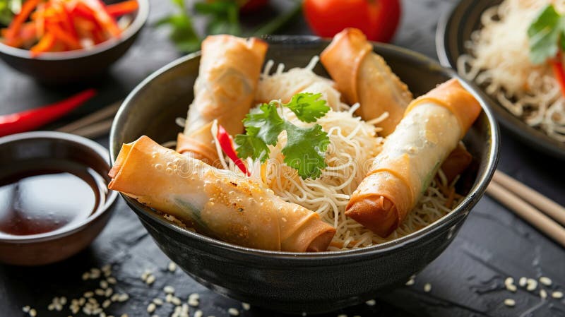 Fried Spring Rolls and Cold Rice Vermicelli with Sauce Served in Bowl ...