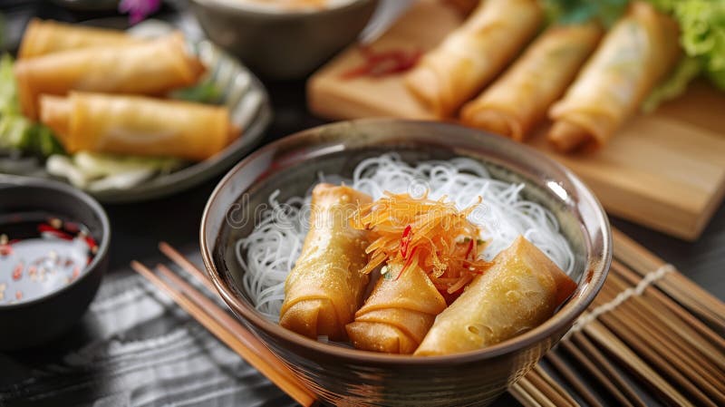Fried Spring Rolls and Cold Rice Vermicelli with Sauce Served in Bowl ...