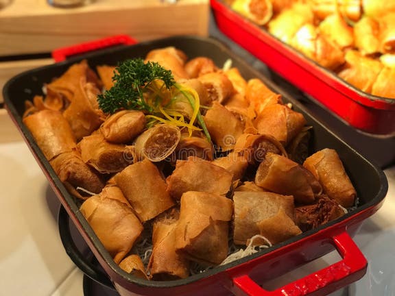 Fried Spring Rolls in a Red Plastic Box on the Table. Stock Photo ...