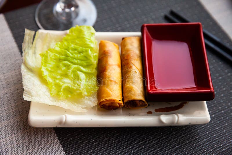 Fried Spring Rolls Served with Lettuce Stock Image - Image of plate ...