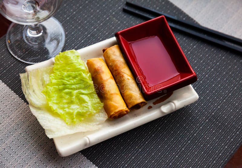 Fried Spring Rolls Served with Lettuce Stock Photo - Image of spicy ...