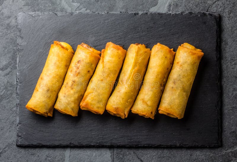 Fried Spring Rolls on Iron Plate. Top View Stock Photo - Image of roll ...