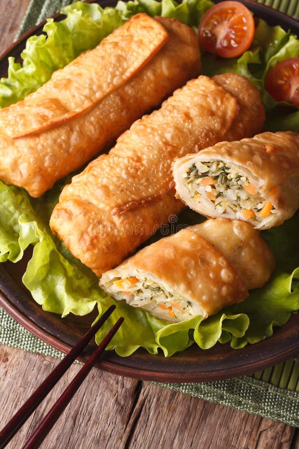 Fried Spring Rolls on a Plate with Salad, Horizontal Top View Stock ...