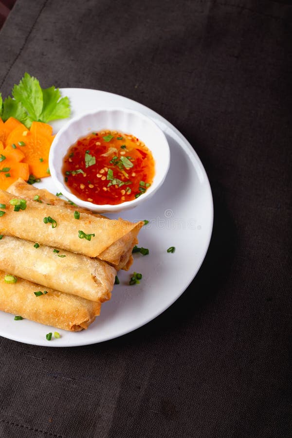 Fried Spring Rolls on a White Plate Stock Photo - Image of appetizer ...