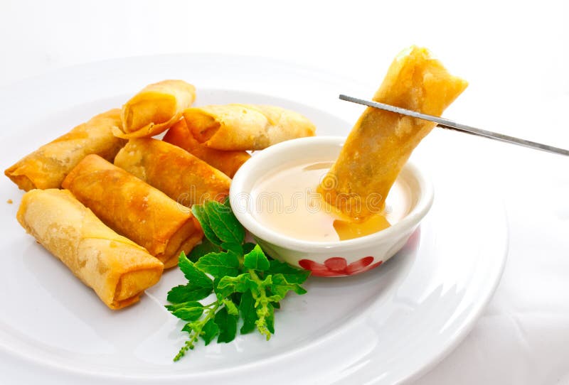 Fried Springroll Dip into Sweet Plum Sauce Stock Photo - Image of ...