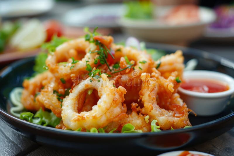 Fried Squid Ring in Restaurant with Sauce. Generative AI Stock Photo ...