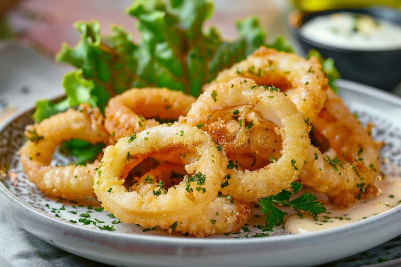 Fried Squid Ring in Restaurant with Sauce. Generative AI Stock Photo ...