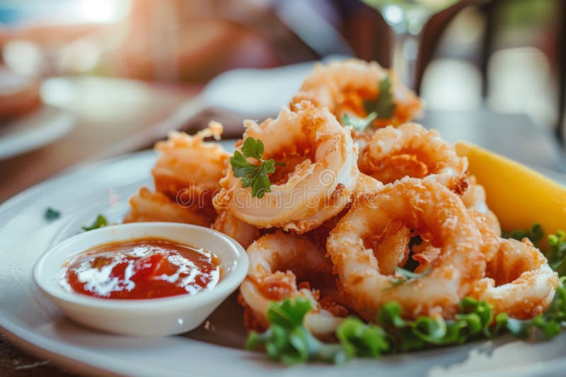 Fried Squid Ring in Restaurant with Sauce. Generative AI Stock Photo ...