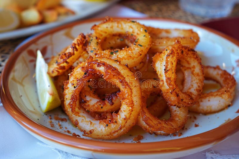 Fried Squid Rings on the Plate with Lemon Stock Illustration ...