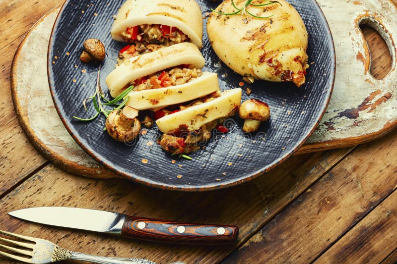 Fried Squid with Vegetables, Stuffed Calamari Stock Photo - Image of ...