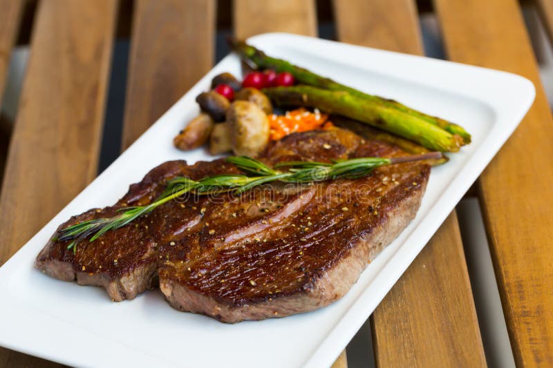 Fried Steak Entrecote of Beef with Mushroom and Asparagus Stock Image ...