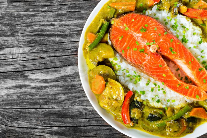 Fried Steak of Red Fish with Rice and Homemade Curry Stock Photo ...